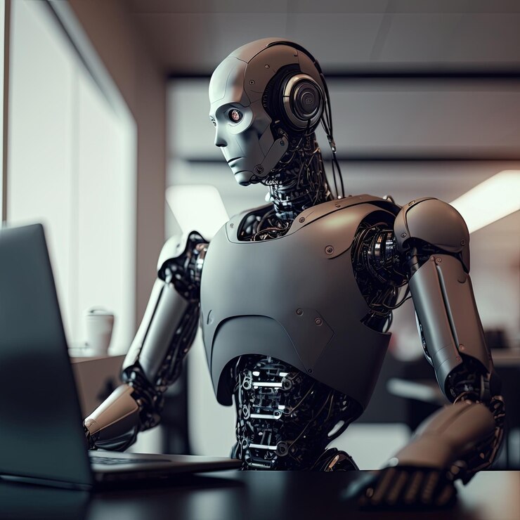 Premium Photo | Robot working in the office with the computer chatgpt ...