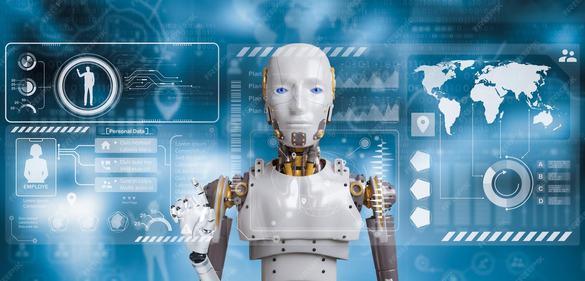 Premium Photo | Robot working with digital display internet connection ...