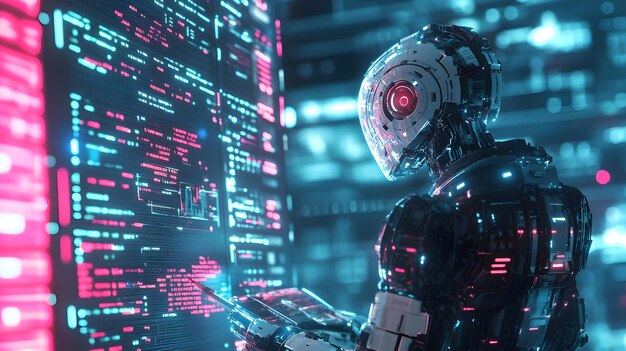 Robotic algorithm writing itself amidst streams of dynamic financial data bright glowing edges ...