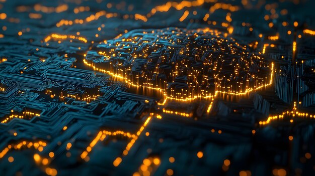 Robotic brain composed of complex circuit boards illuminated with data streams calculating stock ...