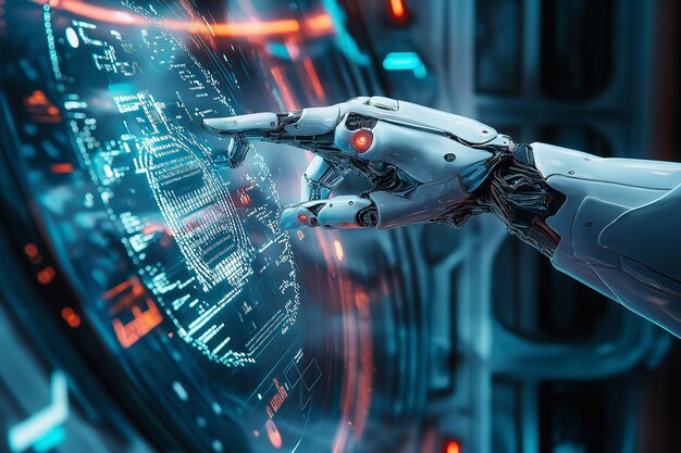 Robotic hand points to computer monitor in concept of integrating AI ... Robotic hand points to computer monitor in concept of integrating AI ...