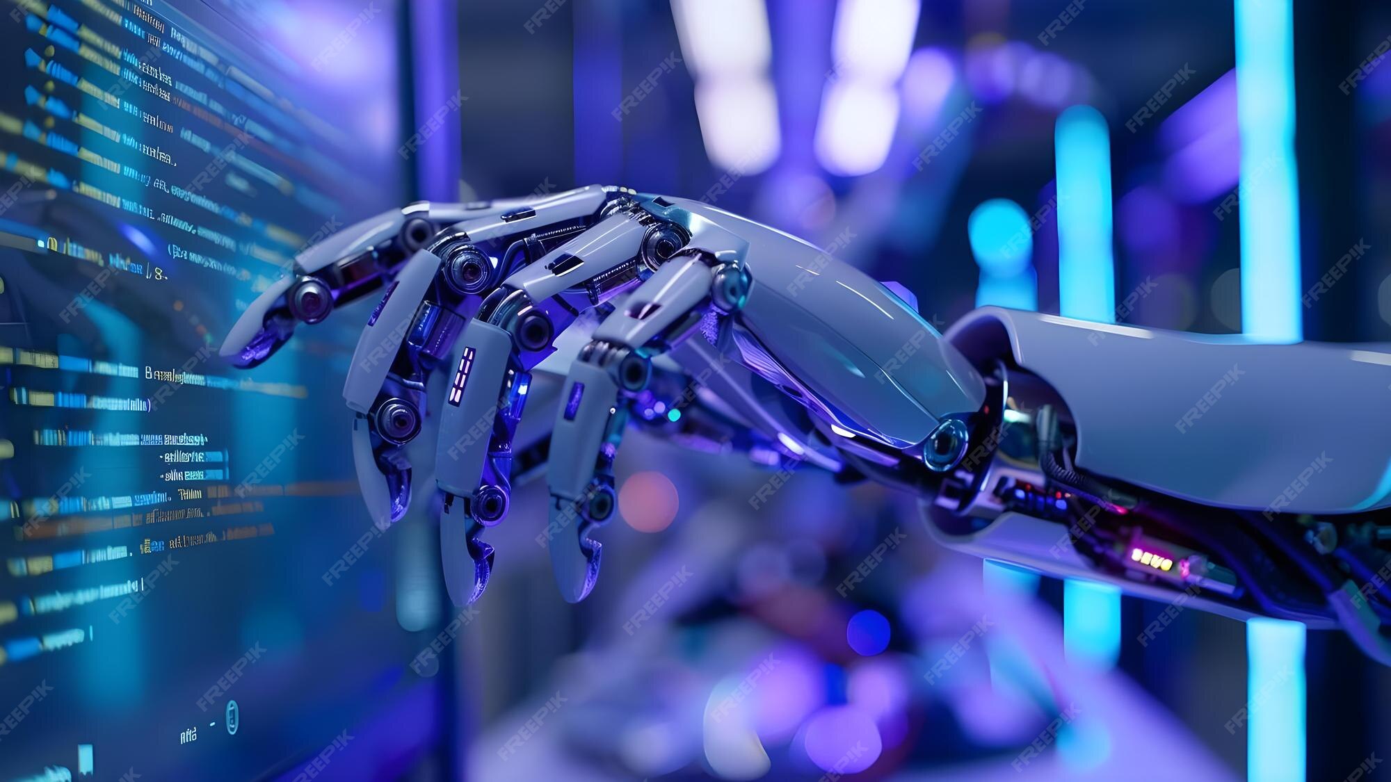 Premium Photo | Robotic hands coding on monitor showcase advanced ...
