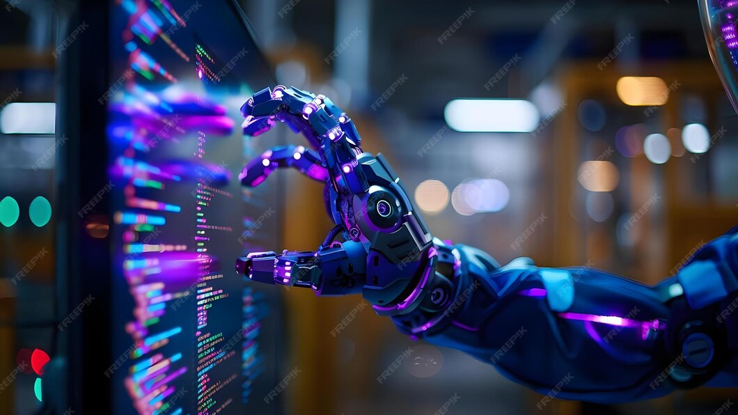 Premium Photo | Robotic hands coding on monitor showcase advanced ...