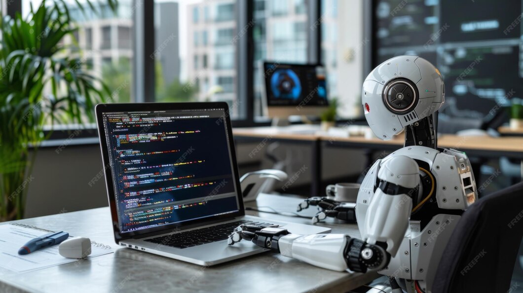 Robotic humanoid coding at a modern workspace Futuristic AI robot ...