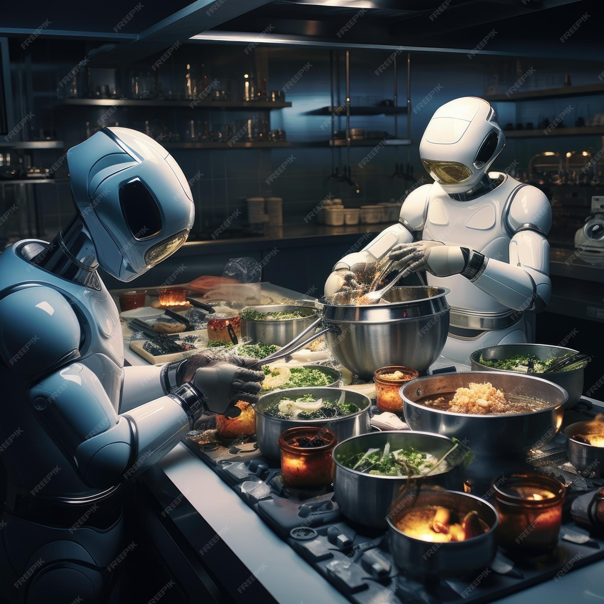 Premium AI Image | Robotic Sous Chefs cooking Premium AI Image | Robotic Sous Chefs cooking