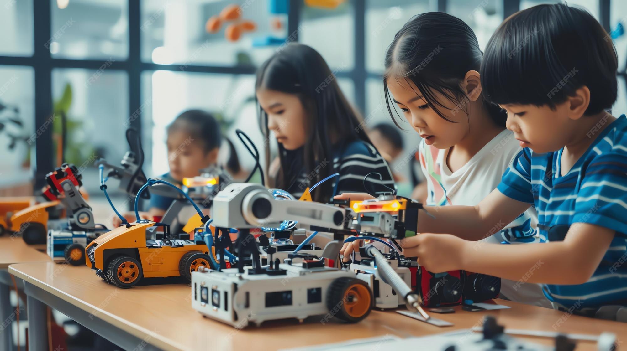 Premium Photo | Robotics class A group of children are building and ...