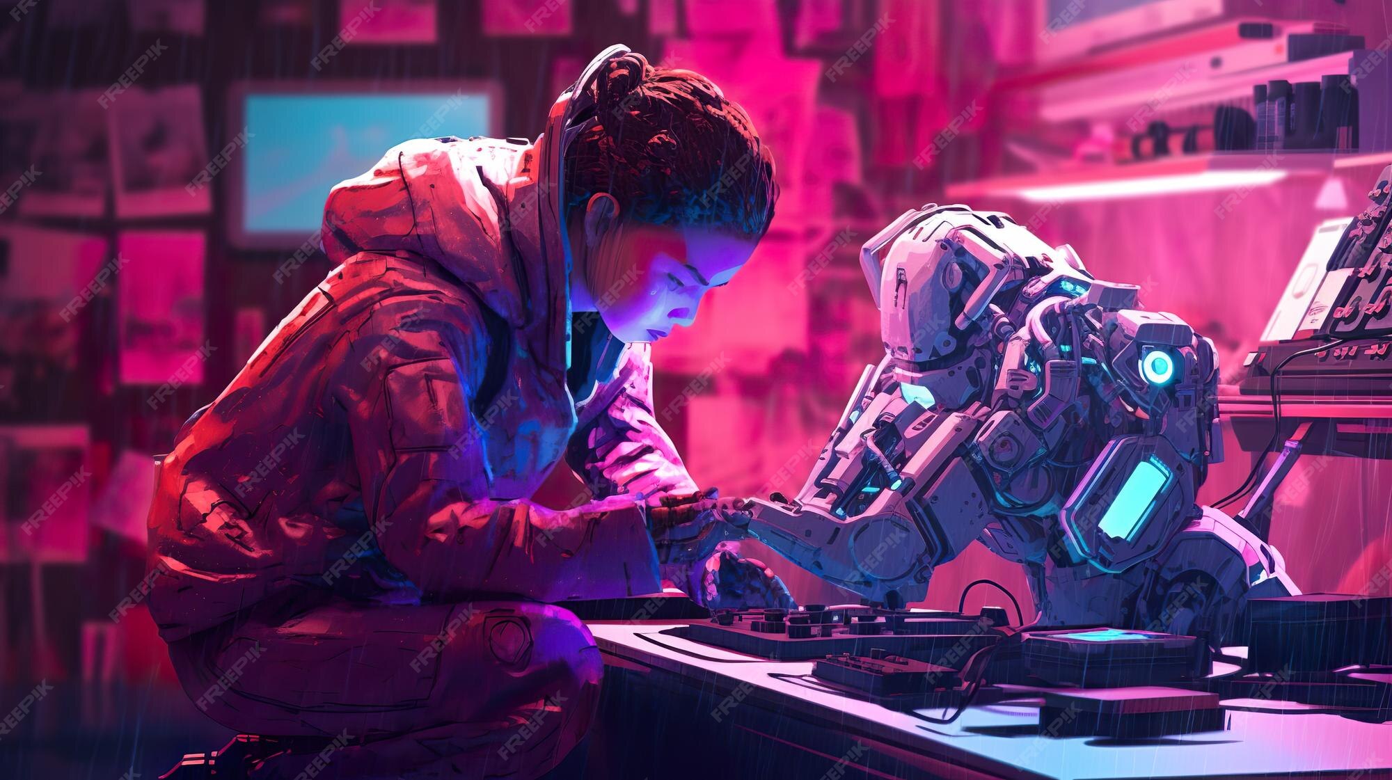Premium Ai Image A Robotics Engineer Programming A Humanoid Robot Ai