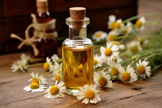 Premium Ai Image Roman Chamomile Essential Oil Alongside Roman Chamomile On A Table