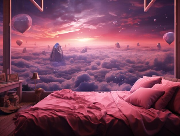 Premium Photo A Room With A View Of Clouds And A Bed