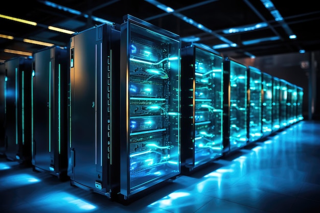 Premium AI Image | A row of servers in a data center efficiently storing and processing data to ...