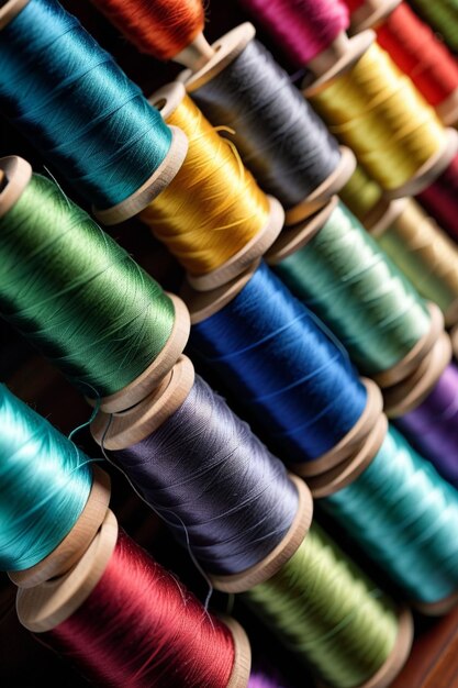 A row of spools of thread are lined up in a row | Premium AI-generated ... A row of spools of thread are lined up in a row | Premium AI-generated ...