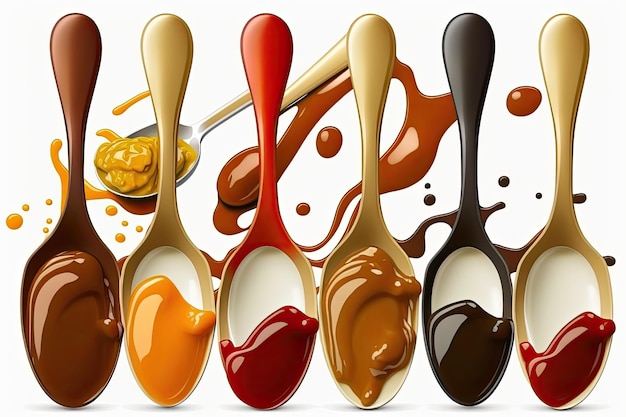 Premium AI Image | Row of spoons filled with various sauces Generative AI Premium AI Image | Row of spoons filled with various sauces Generative AI