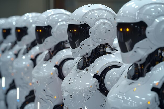 Premium Photo A Row Of White Robots Standing Next To Each Other