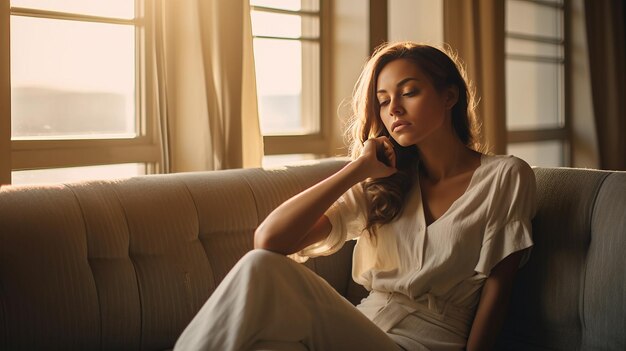 Premium Photo Sad Thoughtful Woman Sitting On Sofa At Home Looking At