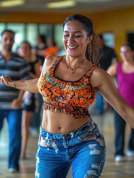 Salsa dancing class team learning lively steps and moves together ... Salsa dancing class team learning lively steps and moves together ...