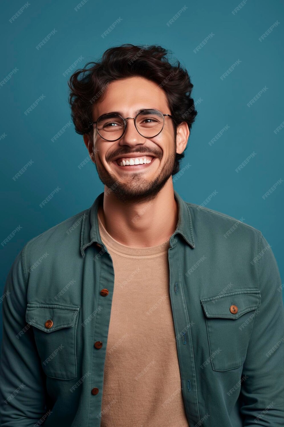 Premium Ai Image Satisfied Handsome Guy In Glasses Looking Pleased At Upper Right Corner