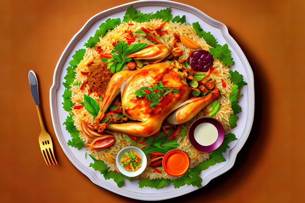 Premium Photo Saudi Arabian Kabsa Spiced Chicken Quarter And Rice