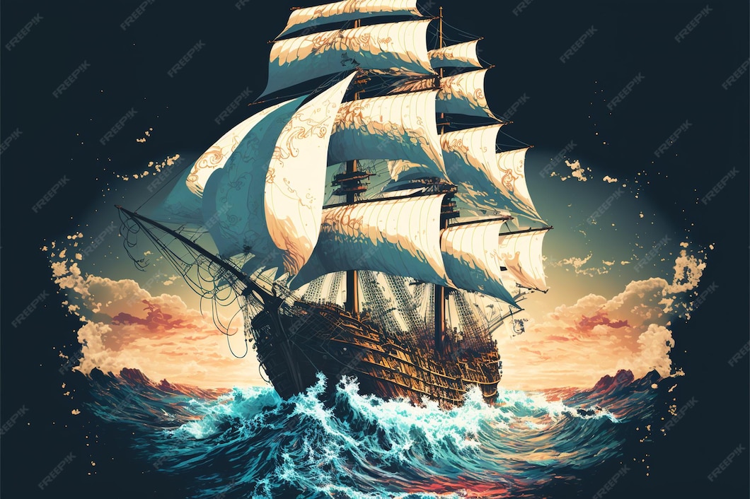 Schip Op Zee Met Zeilen Afbeelding Van Hoge Kwaliteit Avontuur Reizen Handel Piraterij Cruise