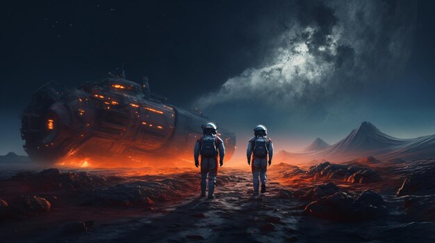 Premium Photo | Sci fi concept of astronauts walking to derelict Premium Photo | Sci fi concept of astronauts walking to derelict