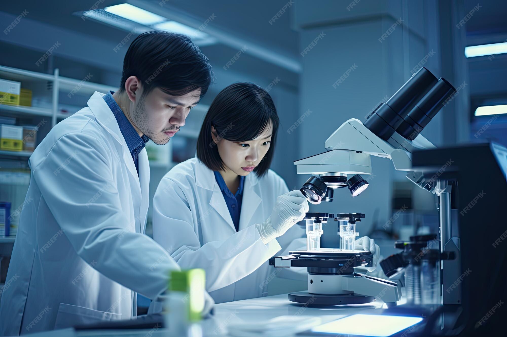 Premium Photo | Scientist man and woman working with microscope in ... Premium Photo | Scientist man and woman working with microscope in ...