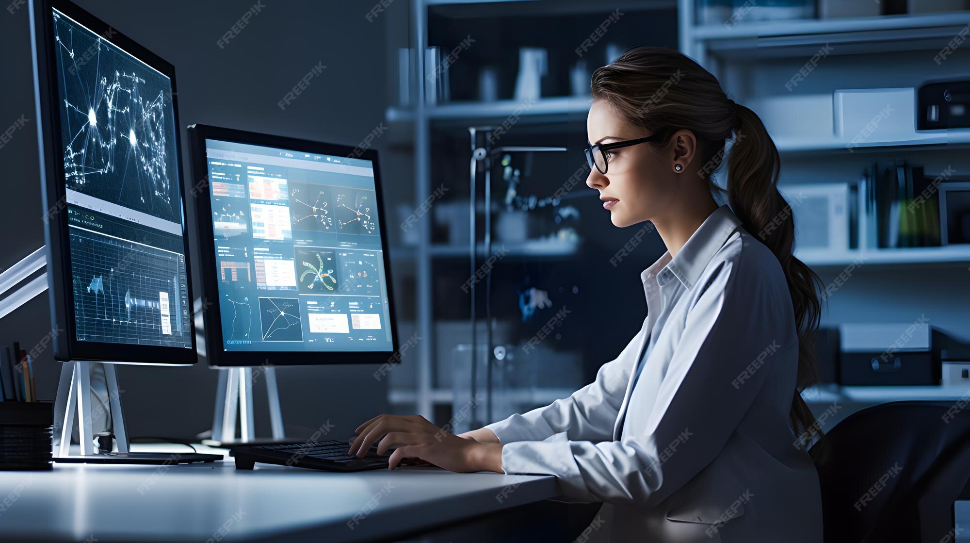 Premium AI Image | A scientist at a workstation utilizing AI algorithms ...