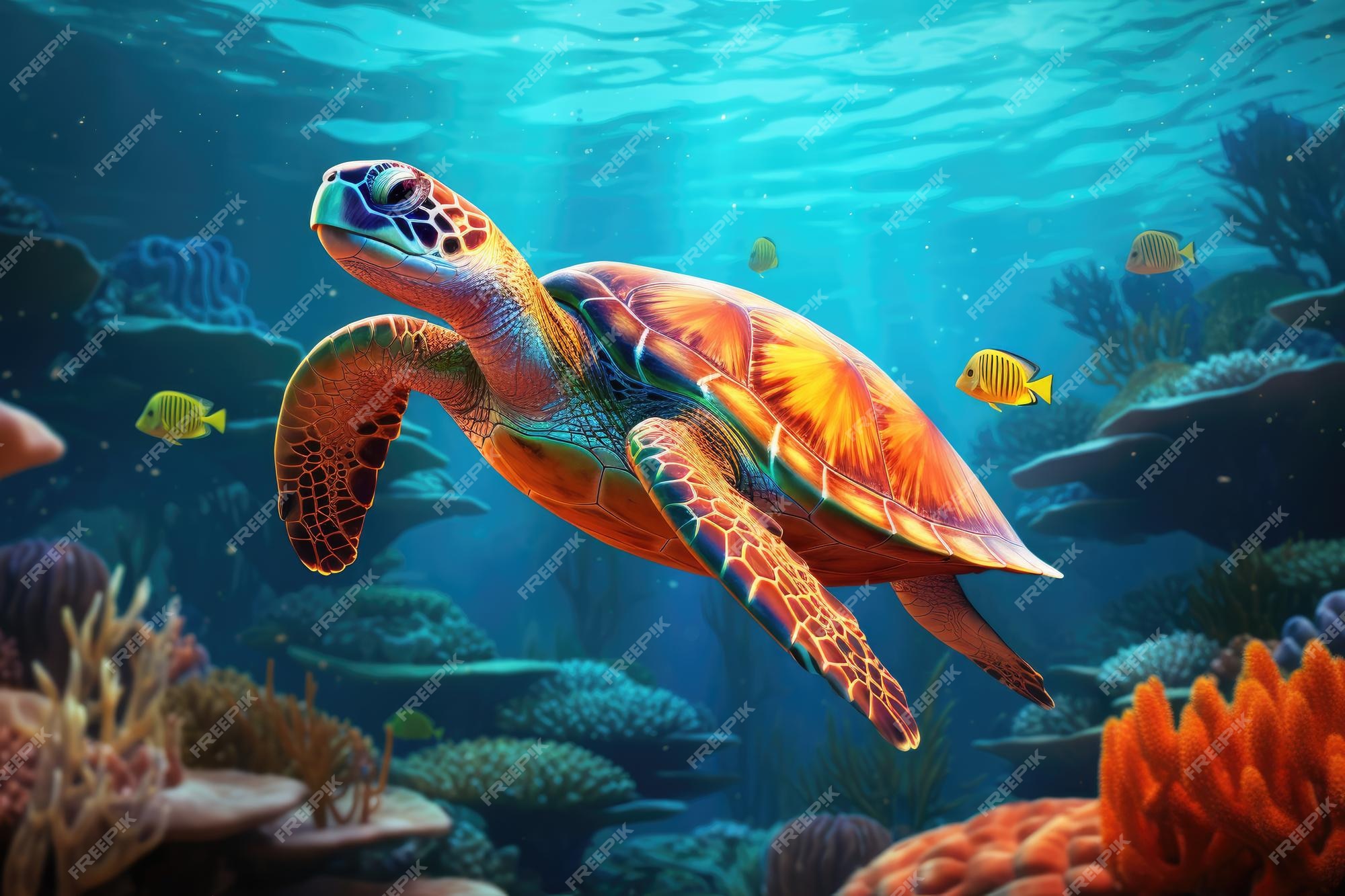 Premium Photo Sea Turtle Swimming In The Ocean 3d Illustration Blue