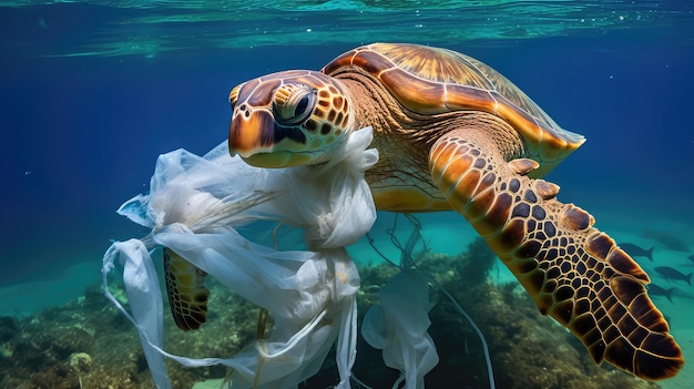 Premium AI Image | Sea Turtle Trapped in Plastic Trash Premium AI Image | Sea Turtle Trapped in Plastic Trash