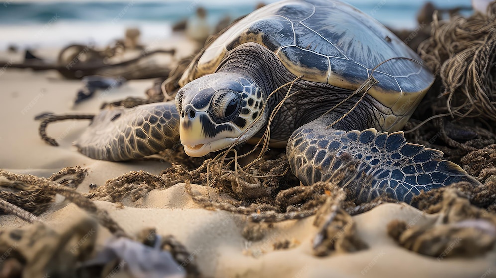 Premium AI Image | Sea Turtle Trapped in Plastic Trash Premium AI Image | Sea Turtle Trapped in Plastic Trash