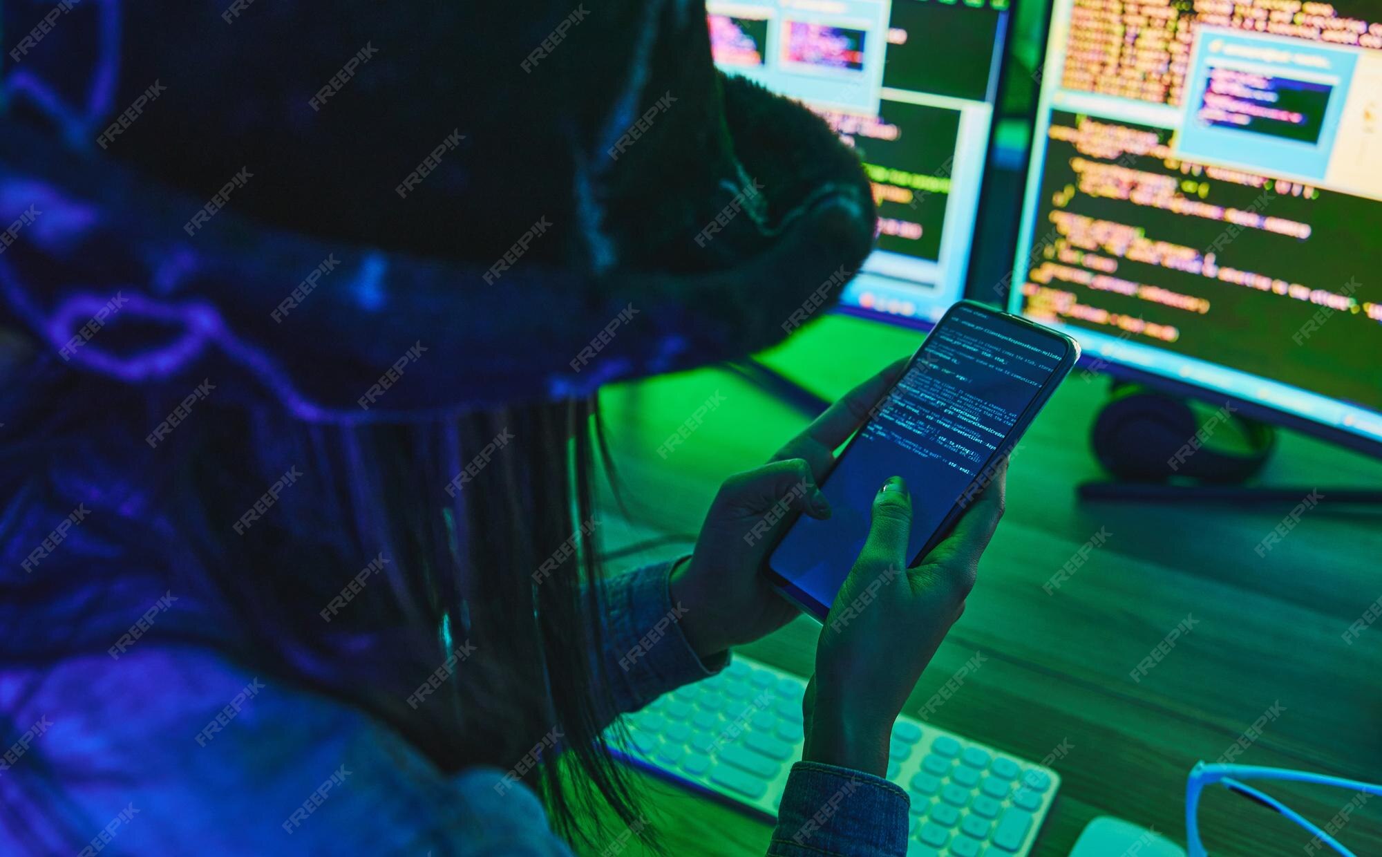 Premium Photo | Search computer or hacker woman on smartphone for ...