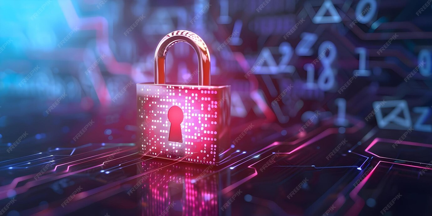 Securing Cyber Spaces Digital Padlock with Binary Code Hologram Elements Concept Cybersecurity ...