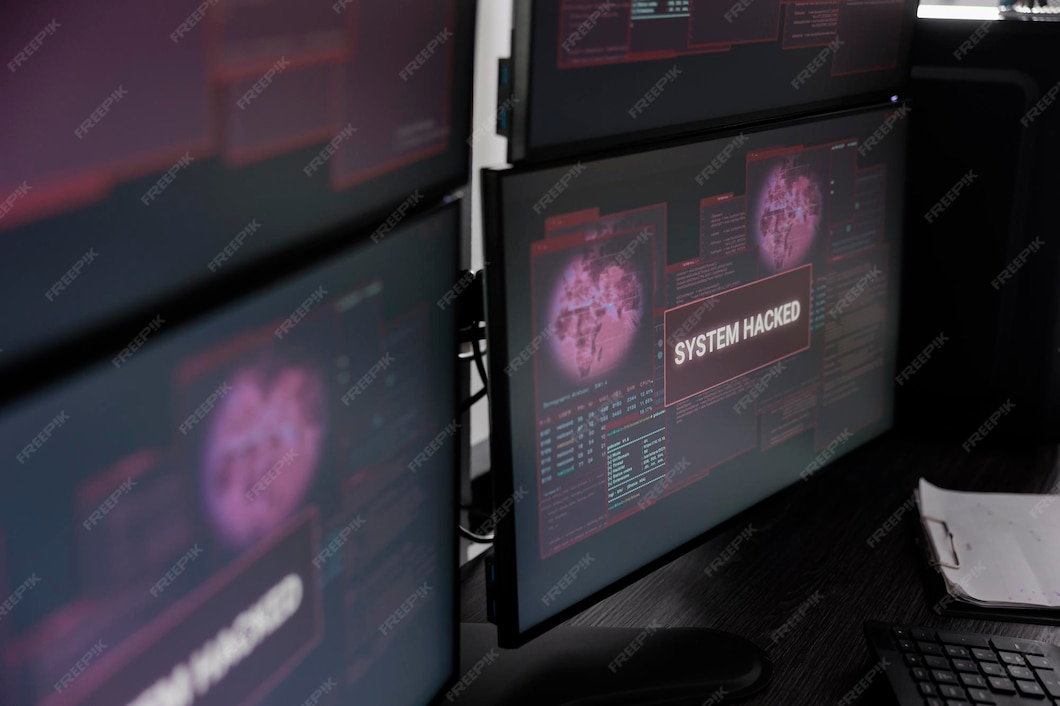 Premium Photo | Security breach error and cyber crime attack flashing on computer monitor in ...