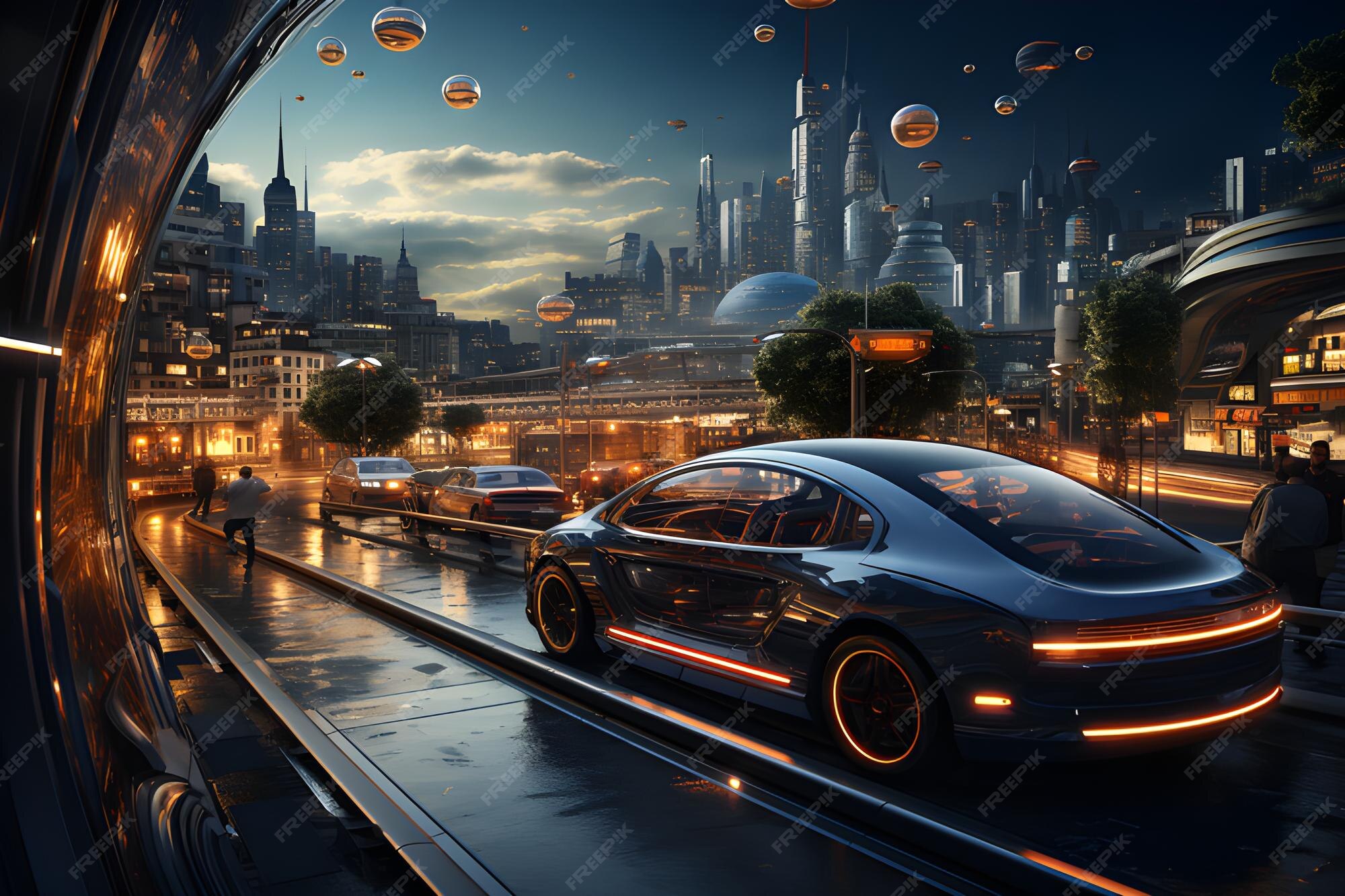 Premium AI Image | selfdriving car in a futuristic scenario Premium AI Image | selfdriving car in a futuristic scenario