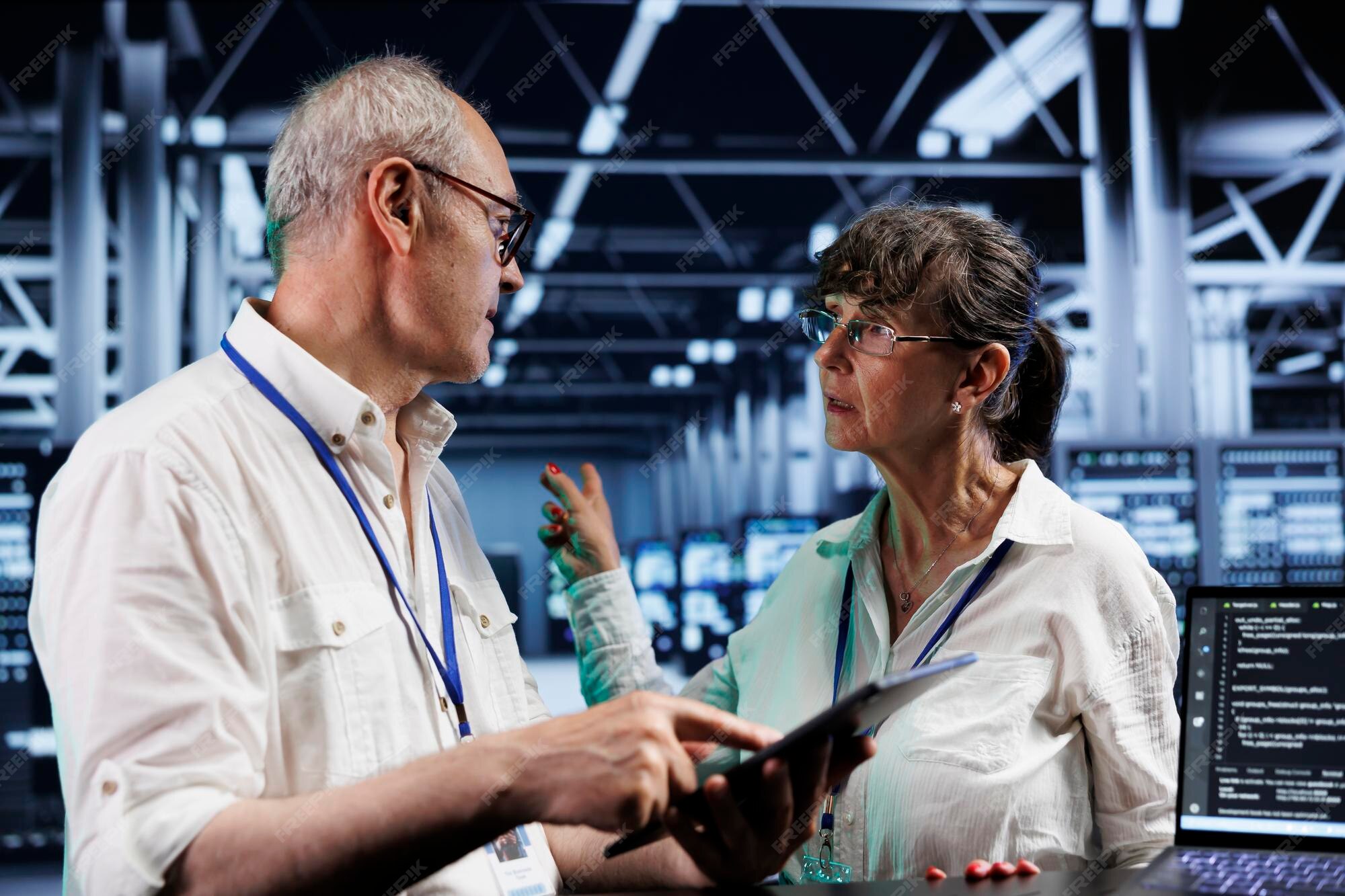 Premium Photo | Senior technicians updating server clusters, writing intricate binary code ...