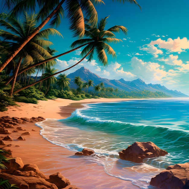 Premium AI Image | serene beach scene with golden sands Premium AI Image | serene beach scene with golden sands