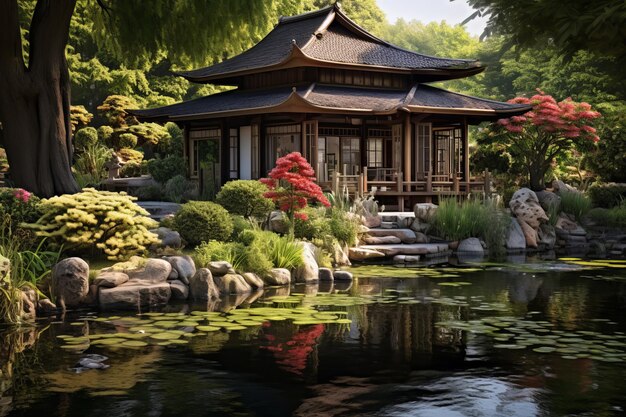 Premium Photo | Serene Oasis House With Enchanting Garden Pond Premium Photo | Serene Oasis House With Enchanting Garden Pond