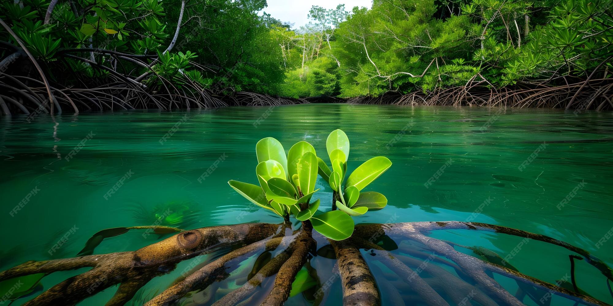 Serene setting of underwater mangrove roots with lush green foliage ... Serene setting of underwater mangrove roots with lush green foliage ...