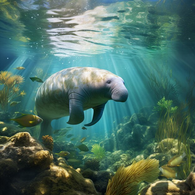 Premium Photo Serene Underwater Scene With Manatees And Dugongs