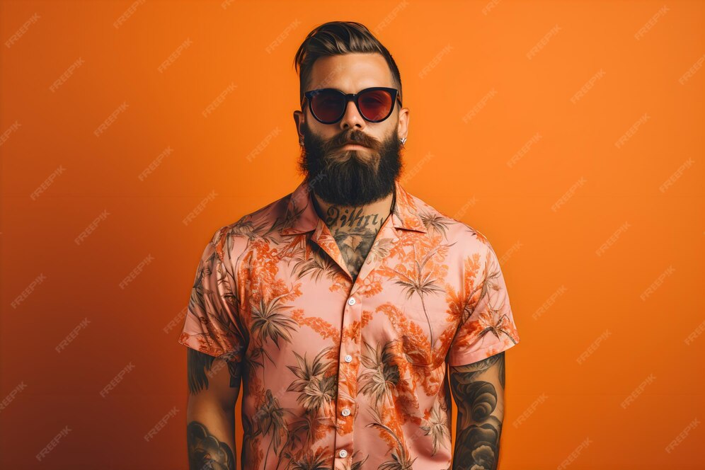 Premium Ai Image A Serious Bearded Man Posing On An Orange Background