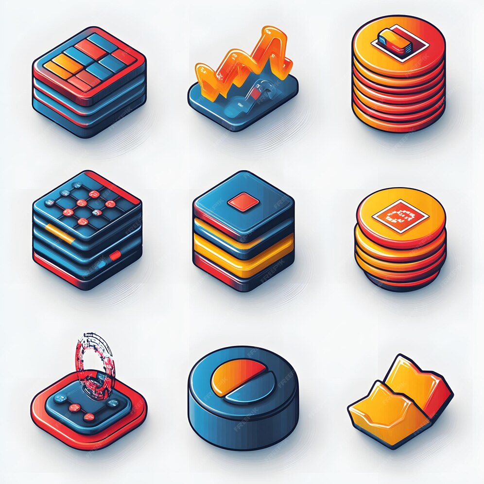 Set of icons illustrating data concepts with visuals of database ...