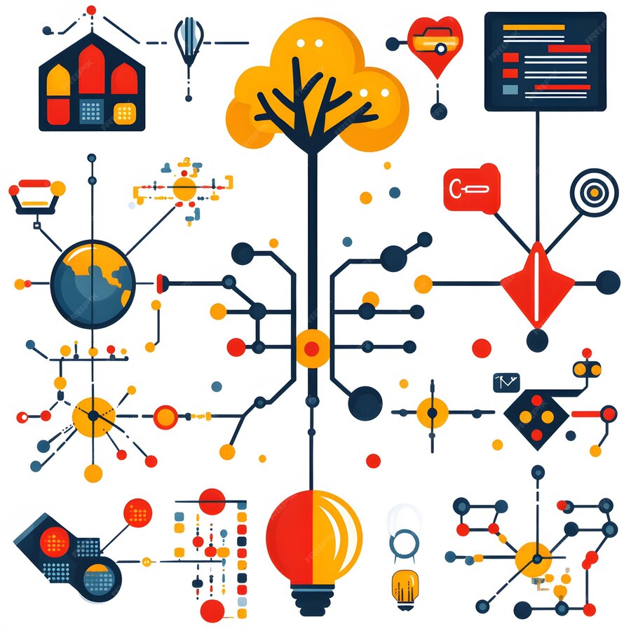 Set of icons illustrating various diagrams with visuals of flow processes network structures and ...