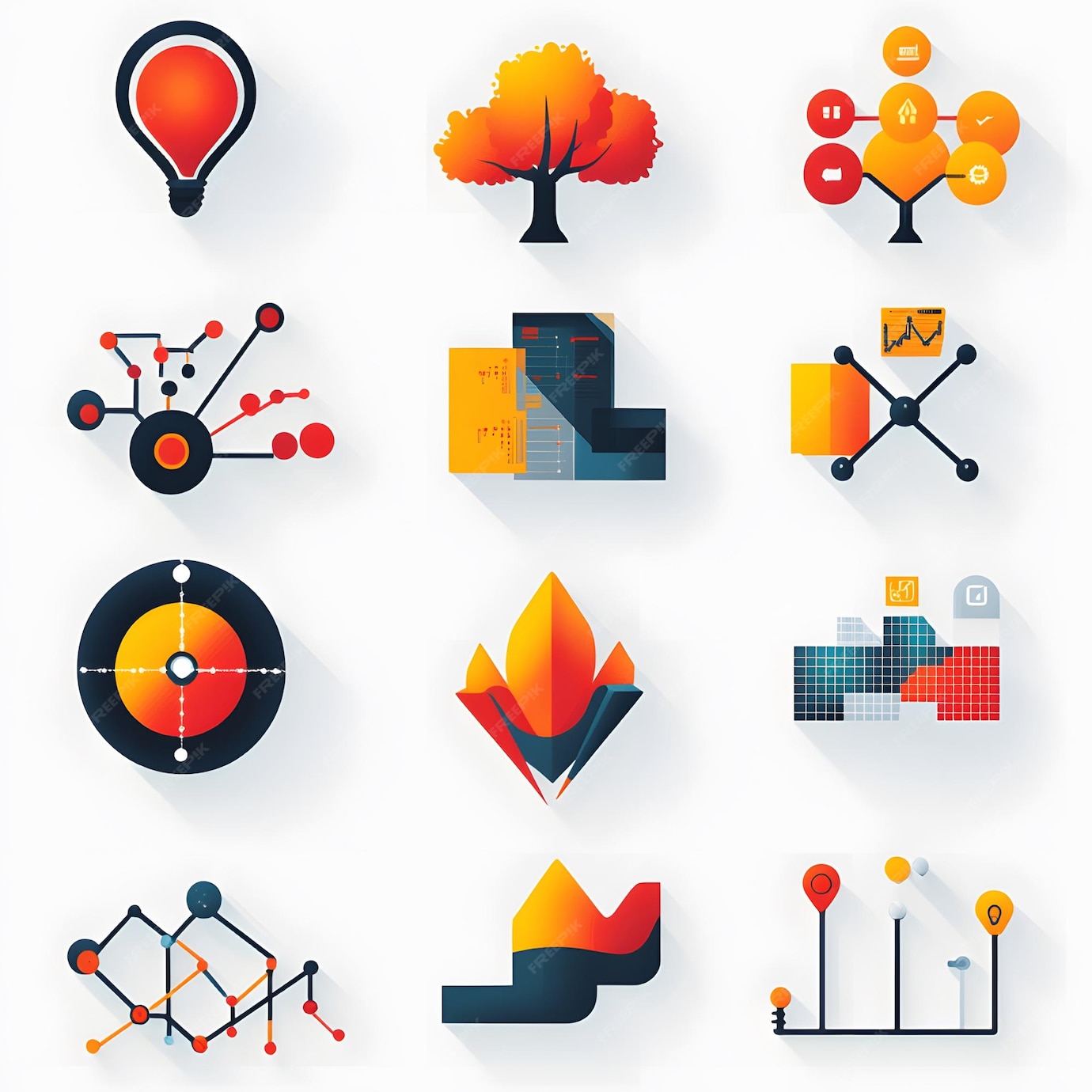 Set of icons illustrating various diagrams with visuals of flow ...