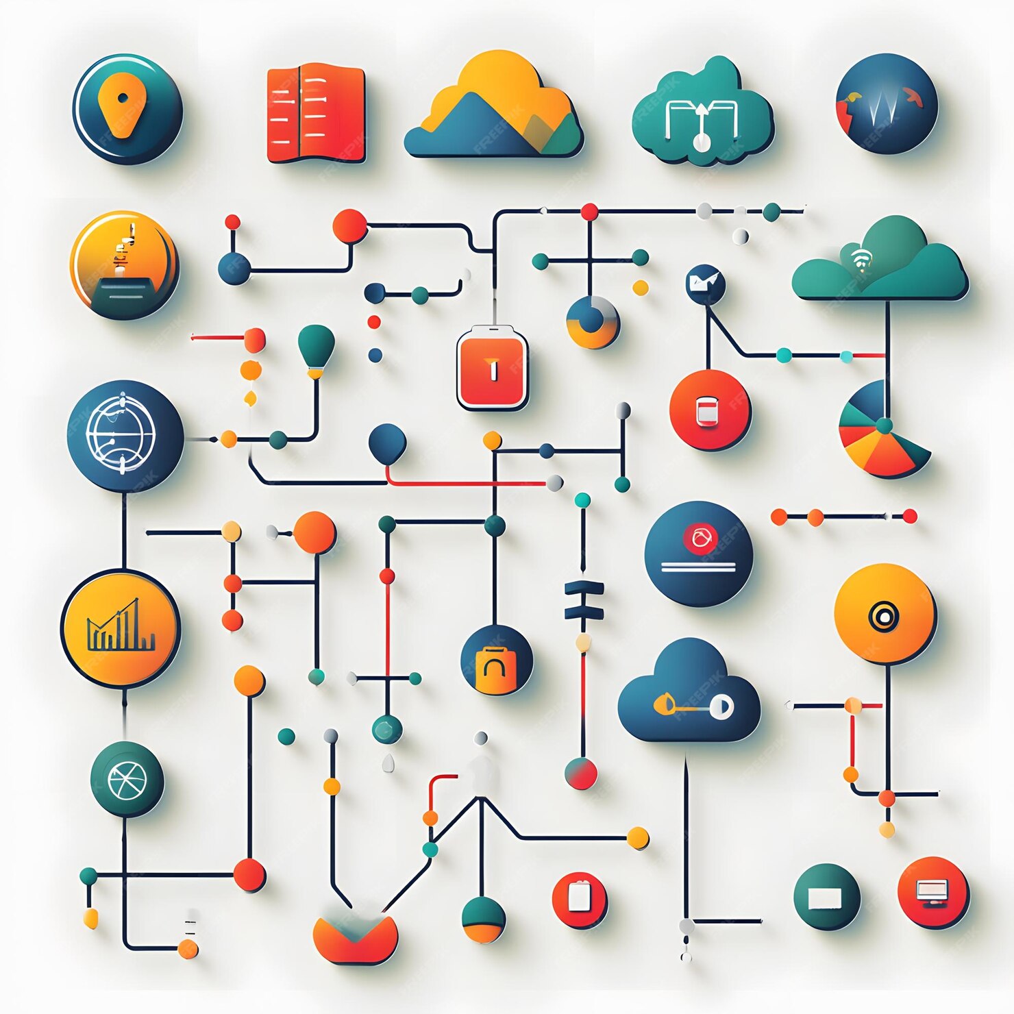 Set of icons illustrating various diagrams with visuals of flow ...