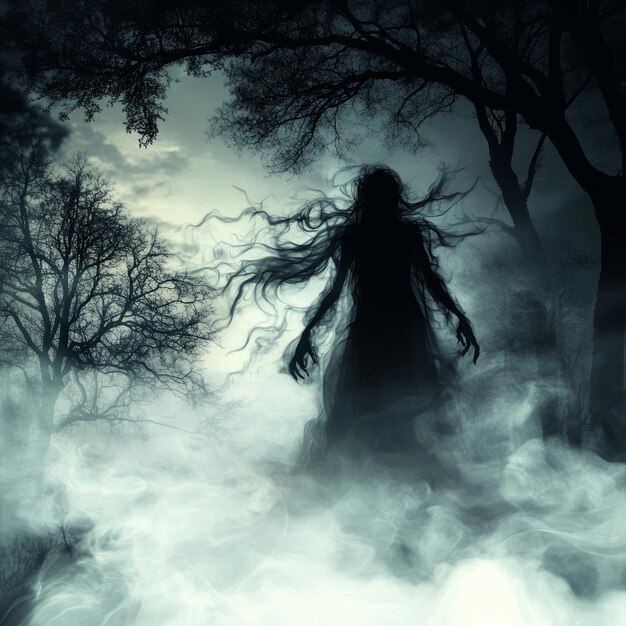 A shadowy figure emerges from fog in a dark forest evoking a sense of ... A shadowy figure emerges from fog in a dark forest evoking a sense of ...