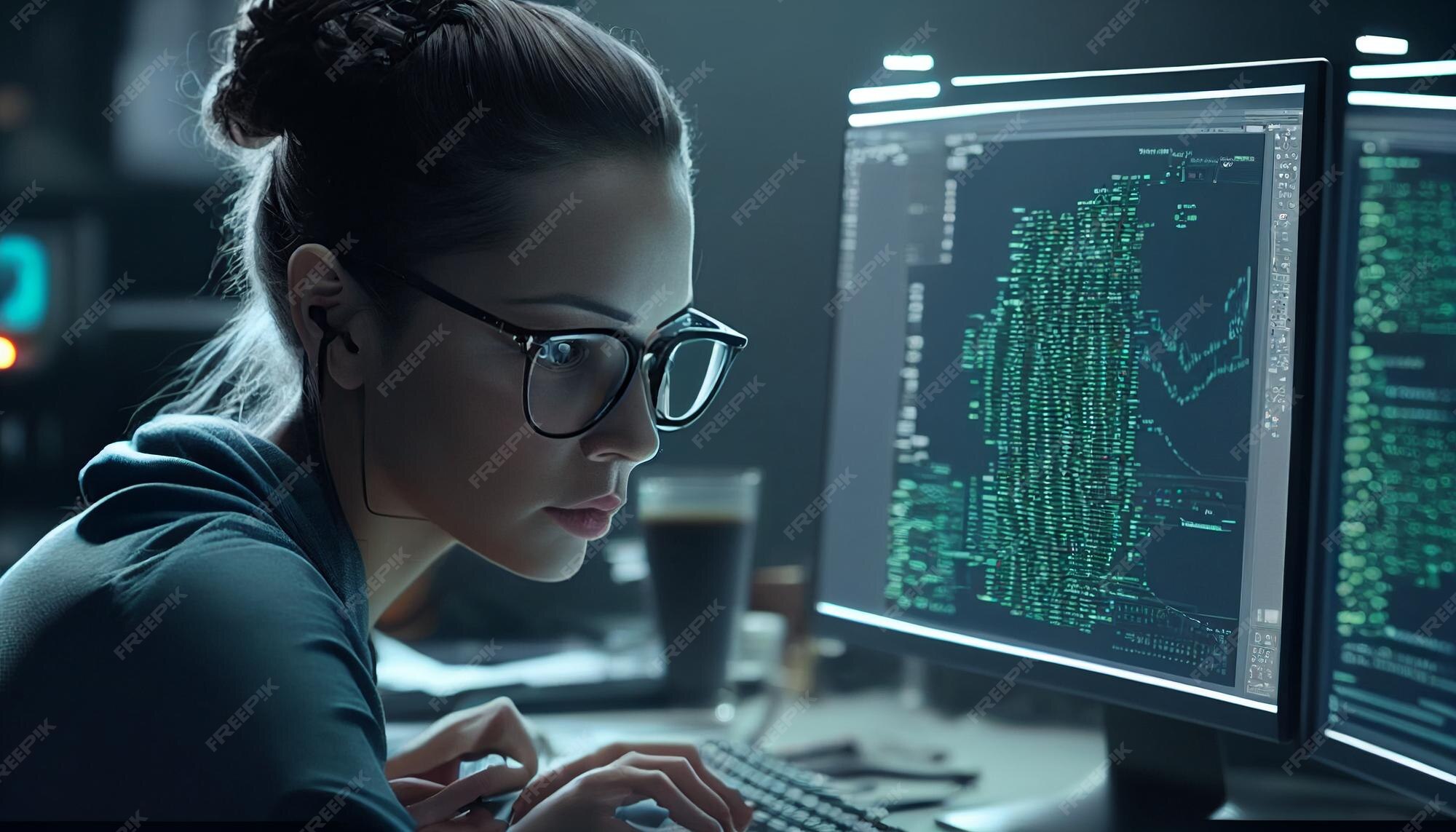 Premium Photo | She is a brilliant programmer a nerdy young computer programmer poring over data ...