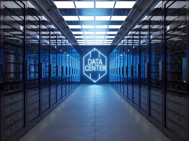 Shot of Data Center With Multiple Rows of Fully Operational Server Racks Modern ...