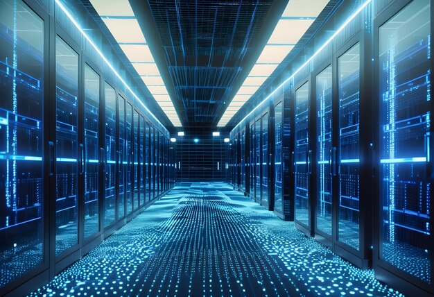 Shot of Data Center With Multiple Rows of Fully Operational Server Racks Modern ...