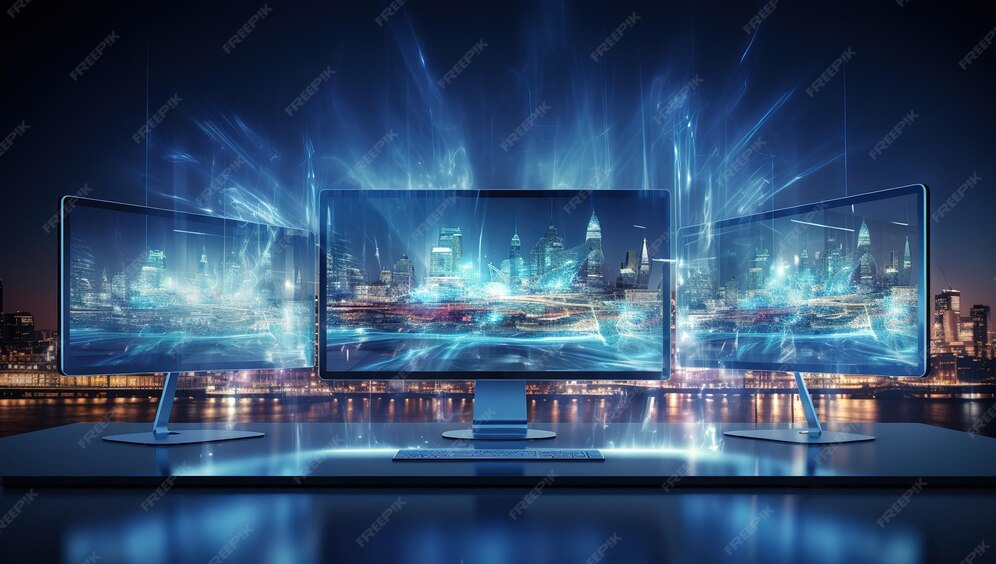 Premium AI Image | Shot of multiple personal computer monitors showing coding language program ...