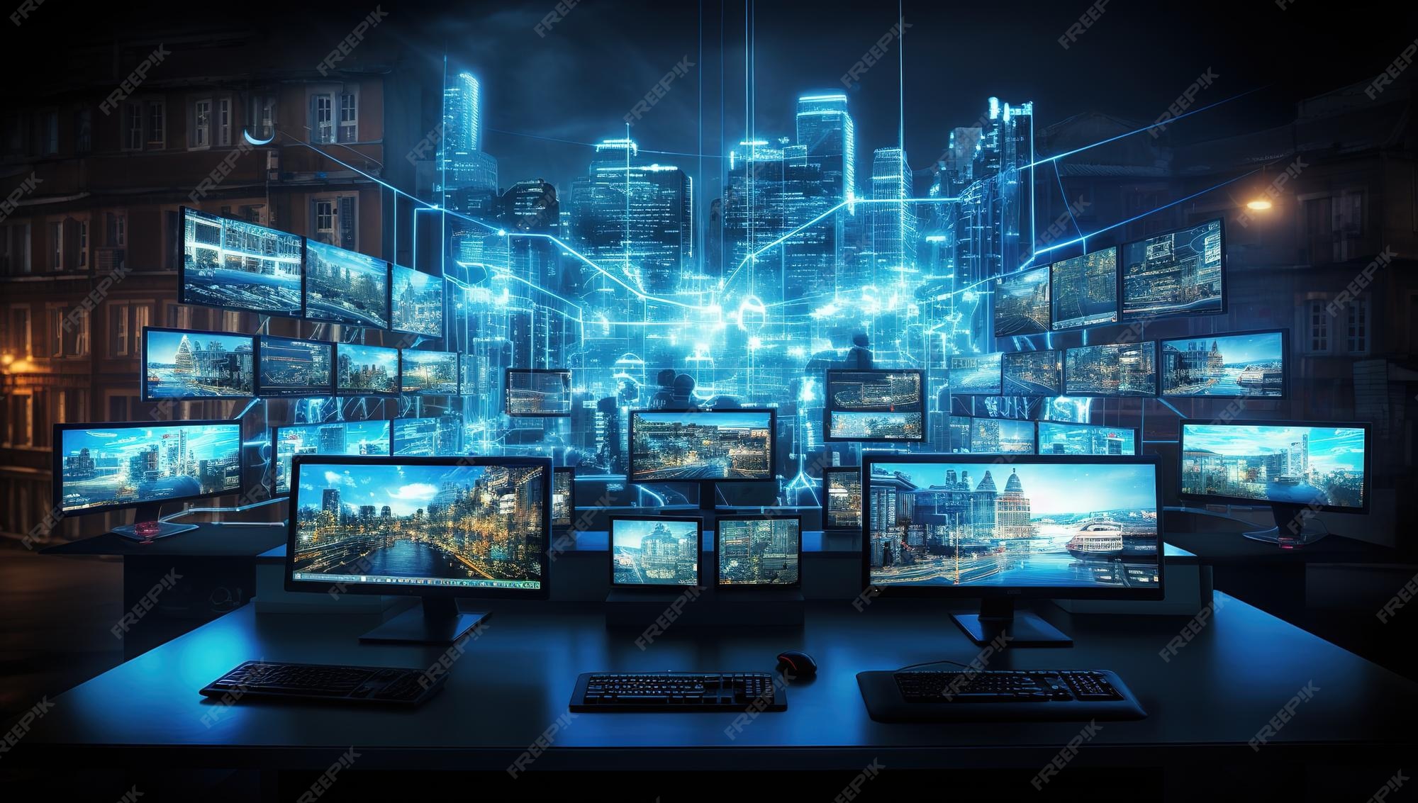 Premium AI Image | Shot of multiple personal computer monitors showing coding language program ...