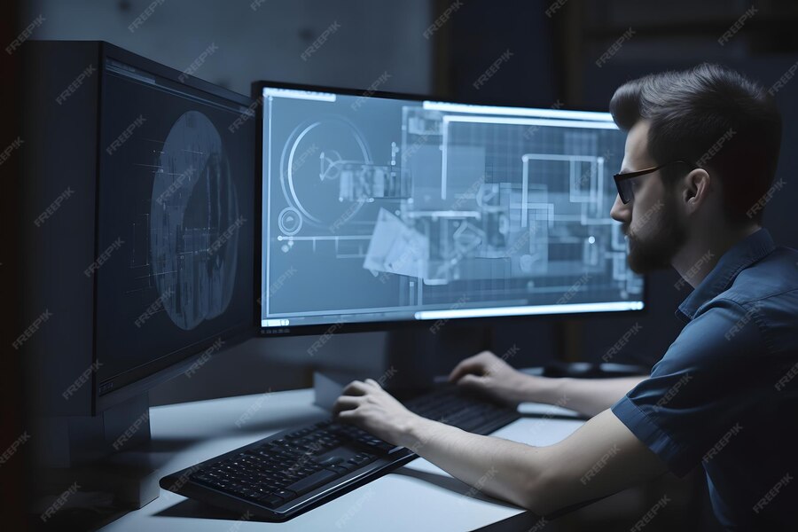 Premium AI Image | Over the Shoulder view of an Engineer Working with CAD Software using two ...