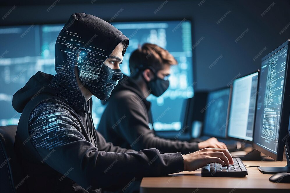 Premium Photo | Side view of hacker using computers at desk with creative digital programming ...